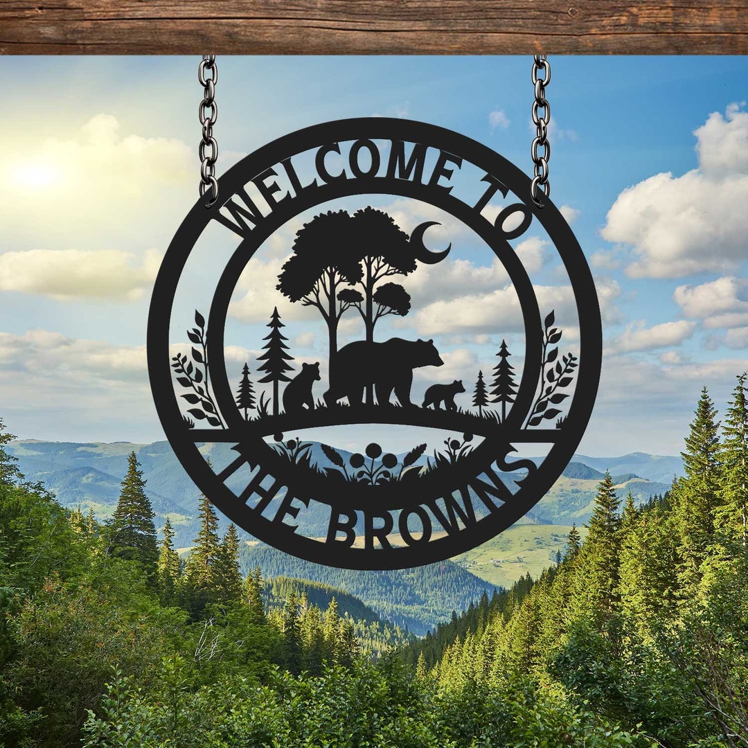 Personalized Bear Metal Sign, Cabin Bear Sign, Custom Family Name Sign ...