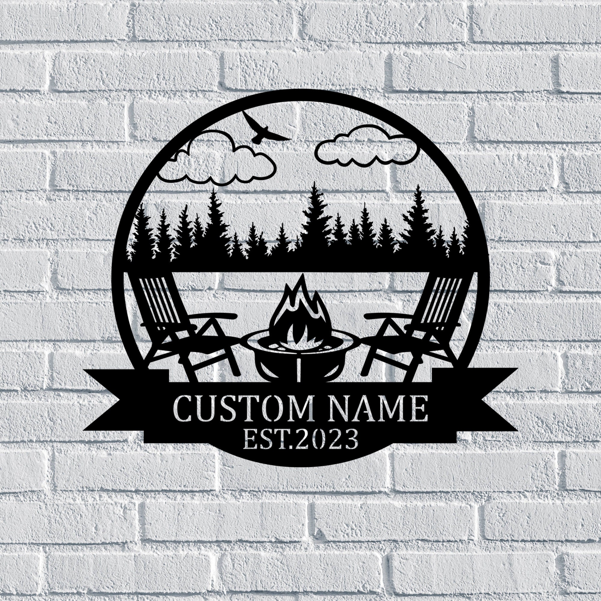 Custom Metal Campfire Sign, Lake Scene Campsite Monogram Decor, Lake ...