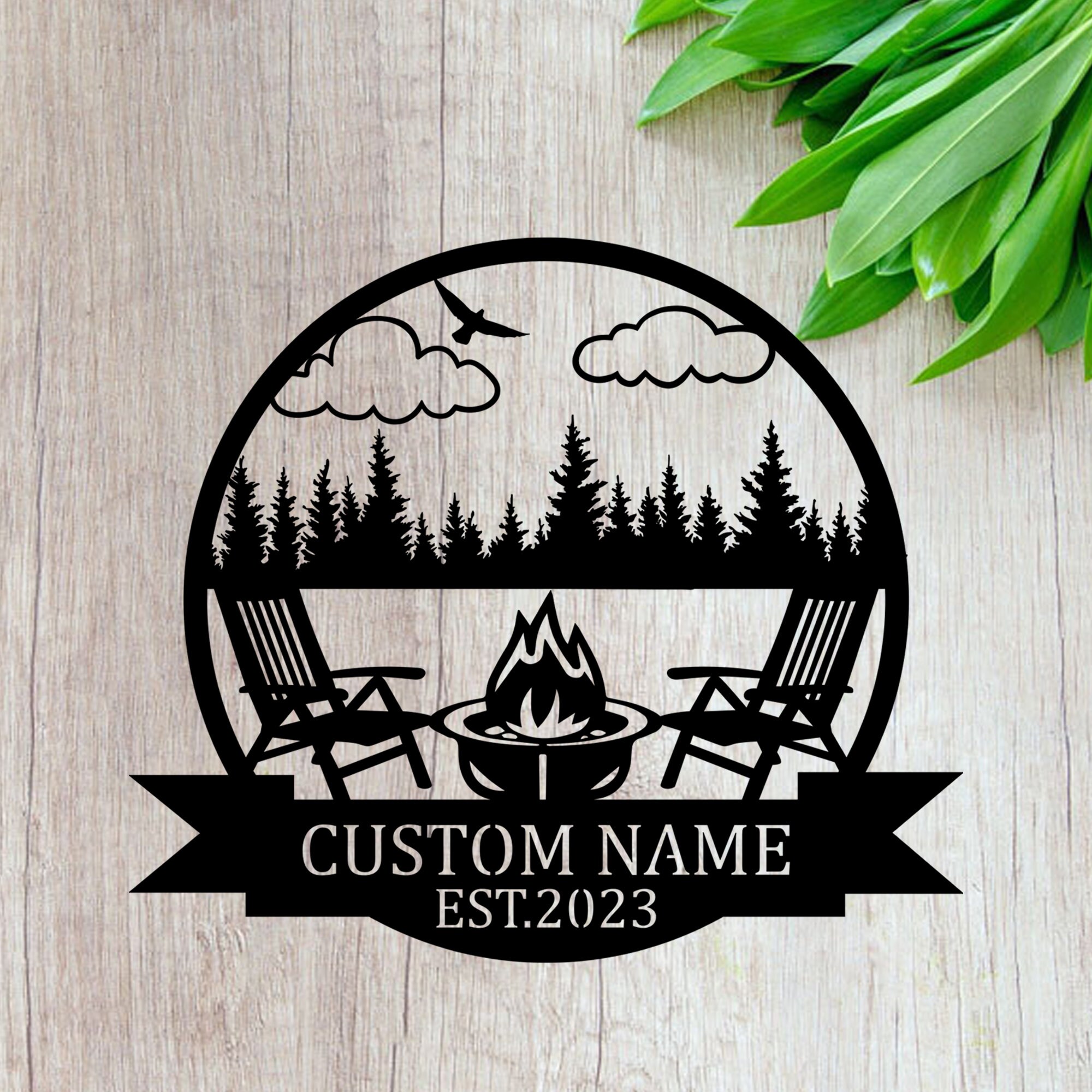 Custom Metal Campfire Sign, Lake Scene Campsite Monogram Decor, Lake ...
