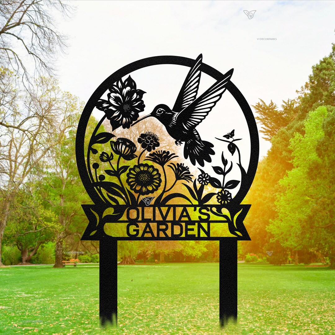 Custom Hummingbird Metal Garden Stake, Custom Garden Name Sign ...