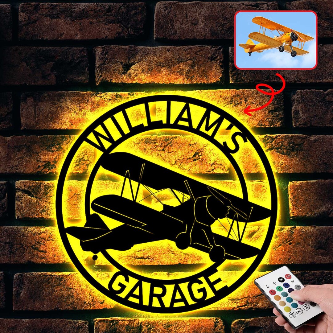 Custom Airplane Metal Sign With LED Lights, Airplane Hangar Sign ...