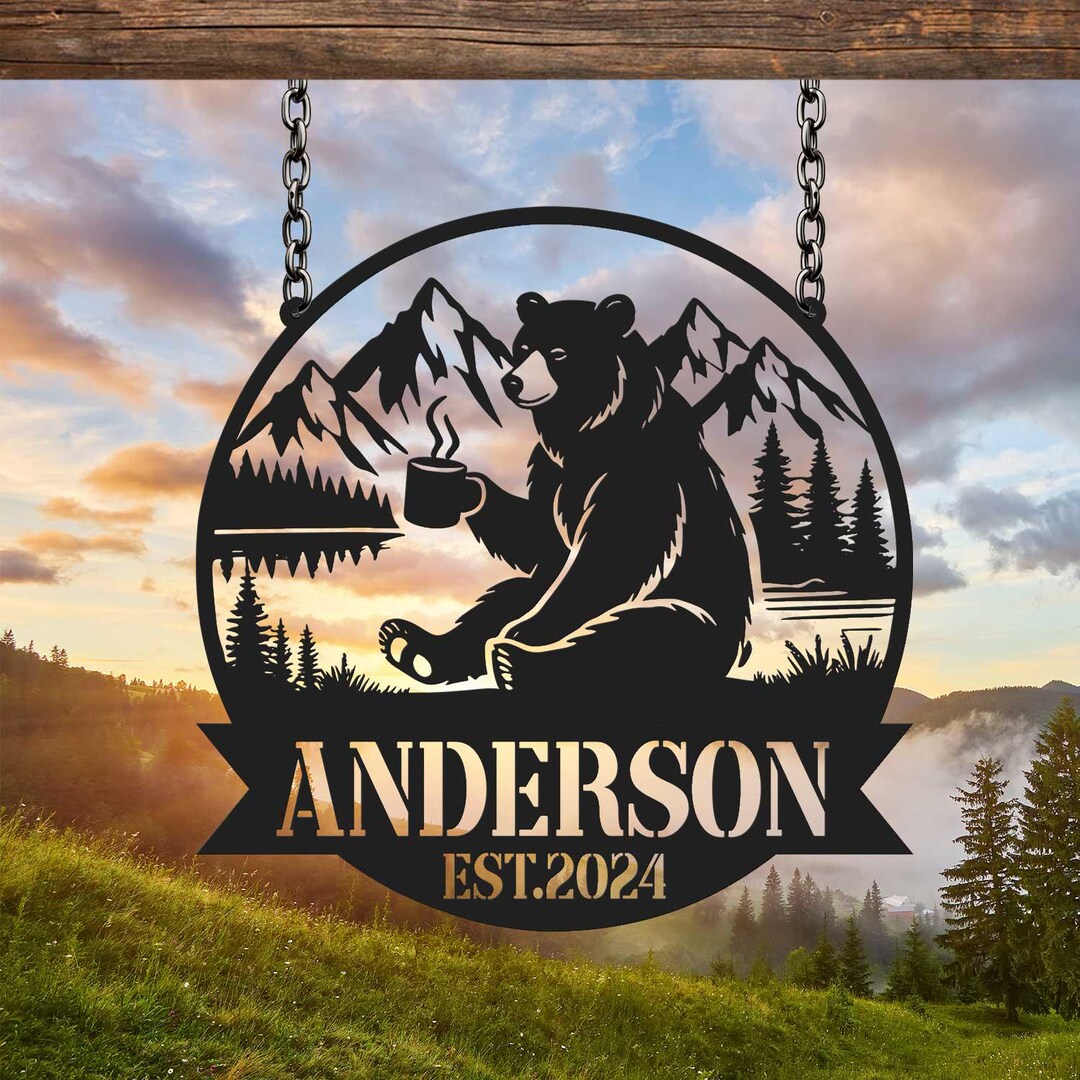 Personalized Metal Bear Cabin Sign, Bear & Coffee Sign, Cozy Cabin ...