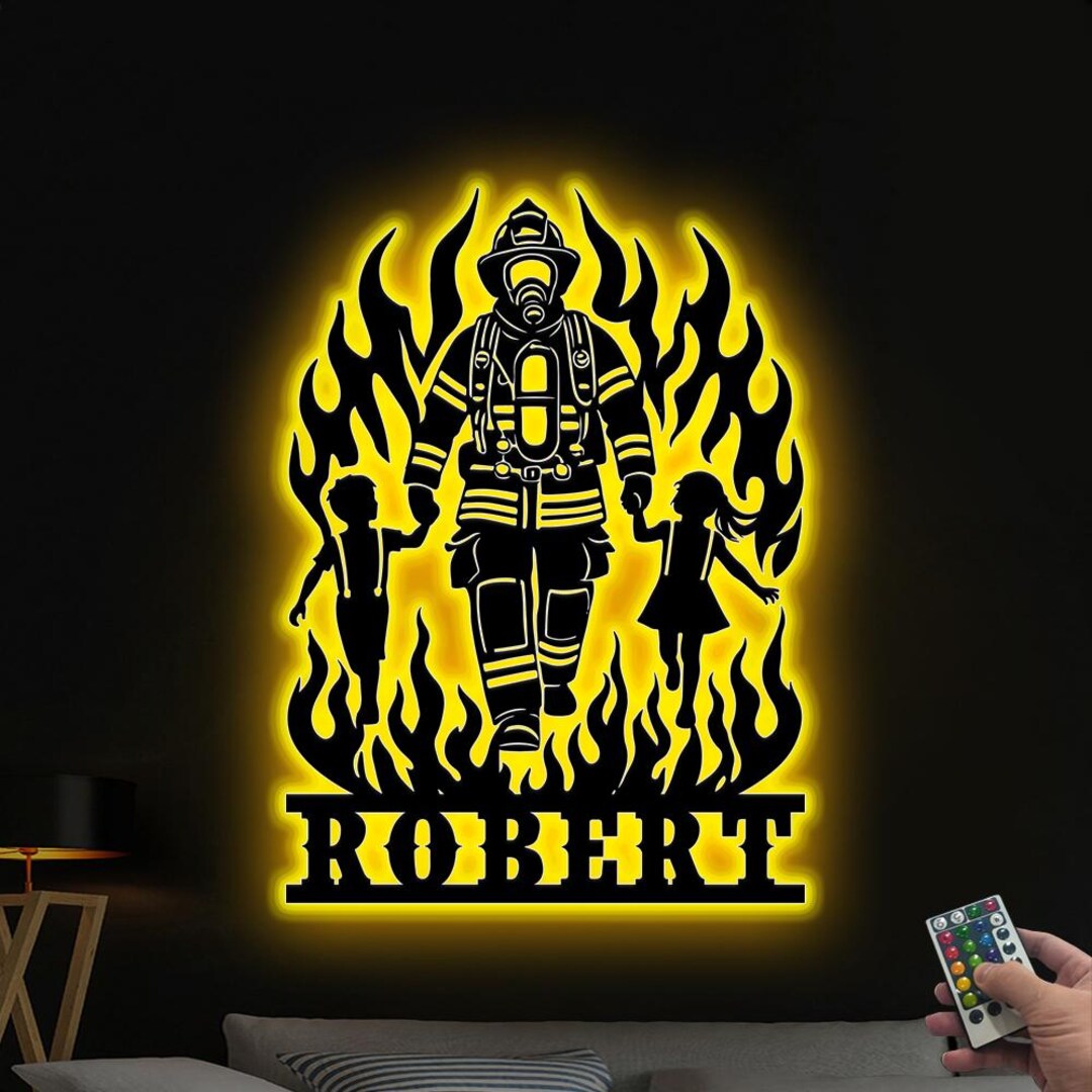 Personalized Firefighter Metal Sign With Led Lights, Custom Fireman ...