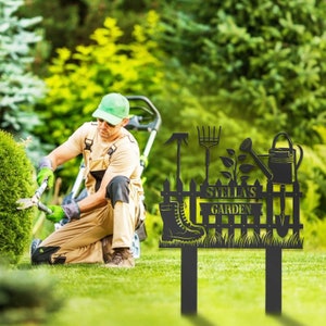 Custom Garden Tools Sign, Metal Garden Stake, Personalized Garden Name ...