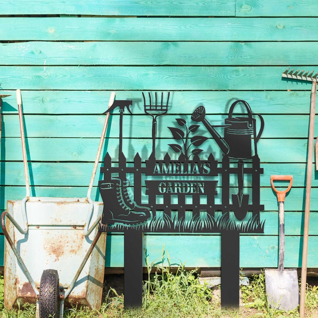 Custom Garden Tools Sign, Metal Garden Stake, Personalized Garden Name ...