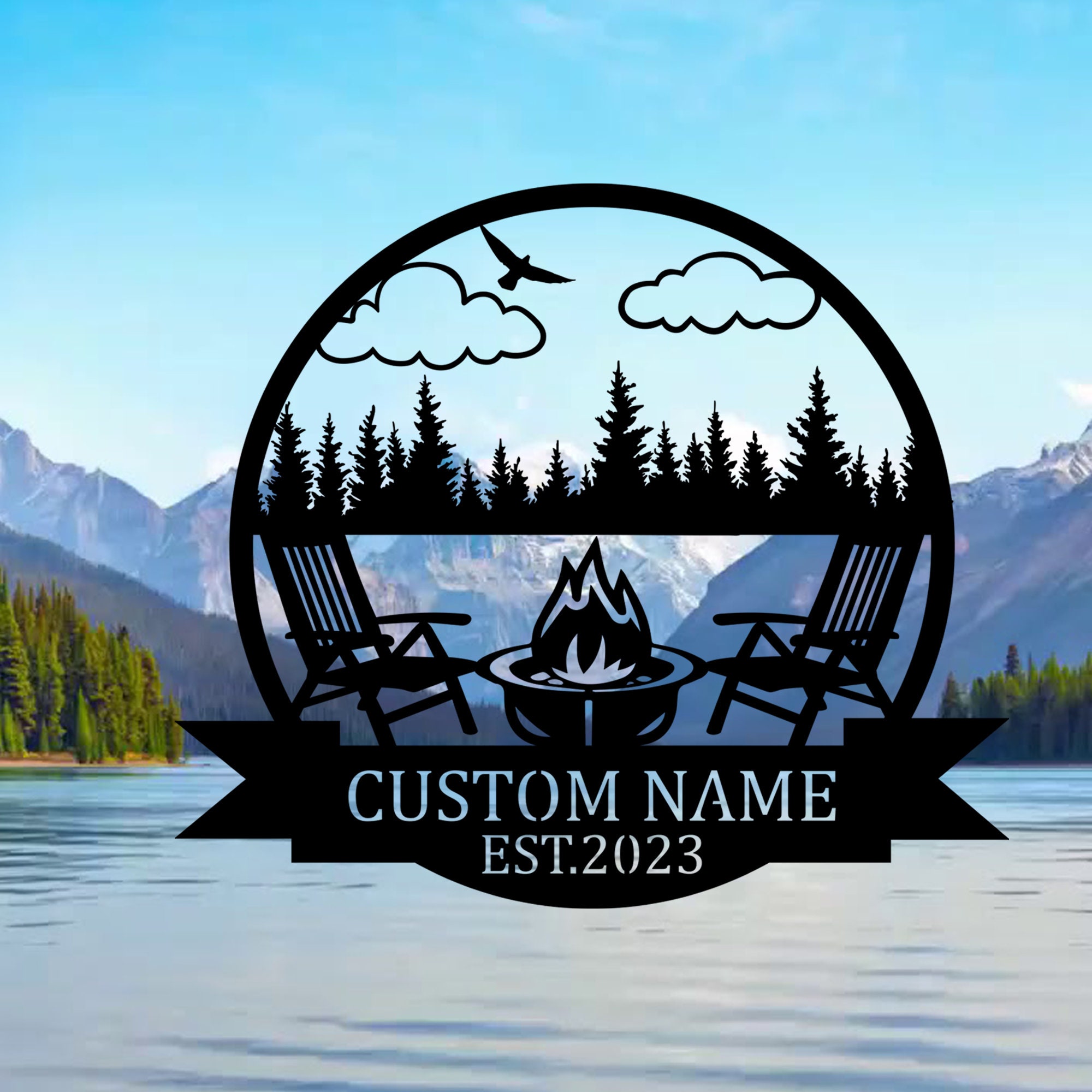 Custom Metal Campfire Sign, Lake Scene Campsite Monogram Decor, Lake ...