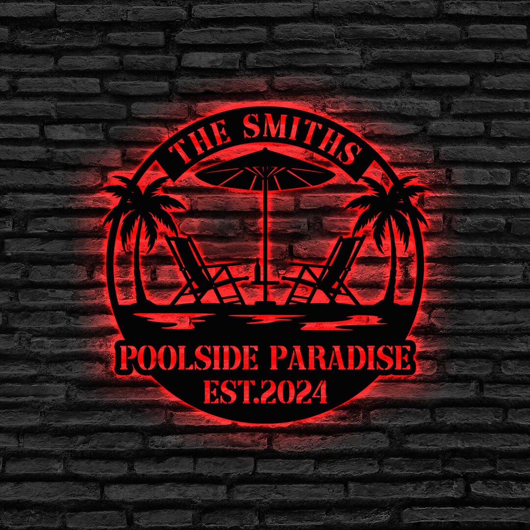 Personalized Family Poolside Oasis Sign With Led Light, Swimming Pool ...