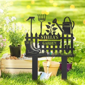 Custom Garden Tools Sign, Metal Garden Stake, Personalized Garden Name ...