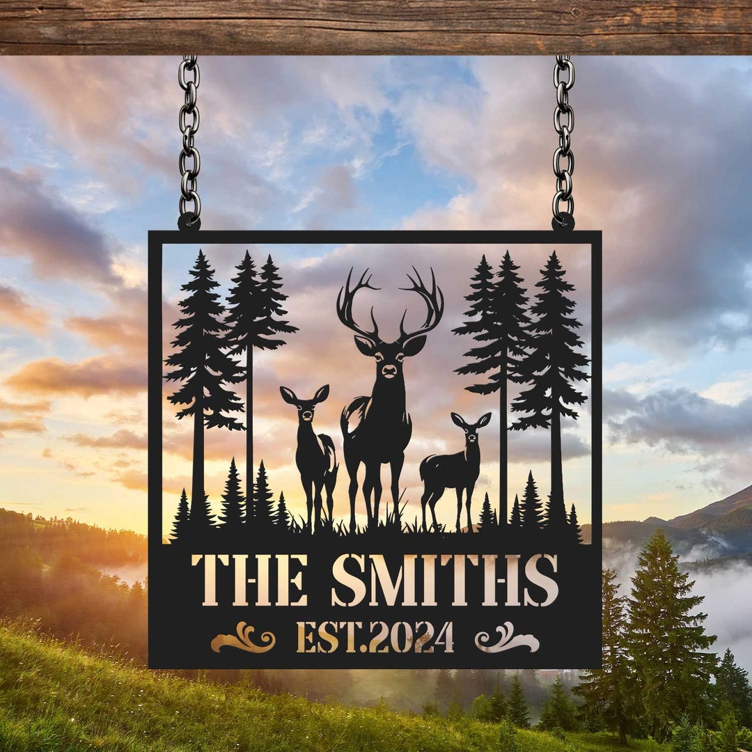 Custom Metal Deer Cabin Sign, Deer Hunter Gift, Custom Last Name Sign ...