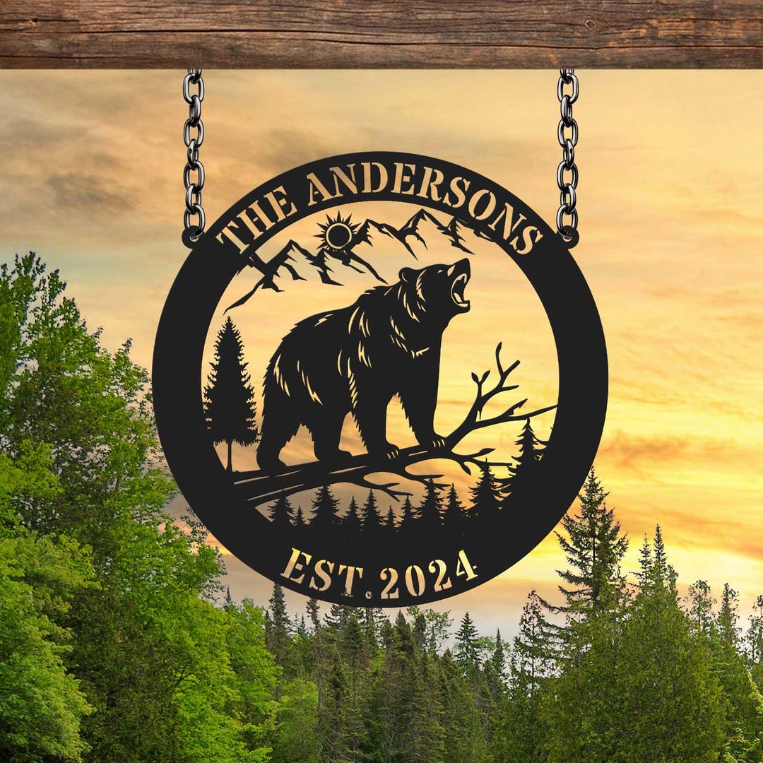 Bear Metal Cabin Sign Personalized, Last Name Signs for Home, Bear ...