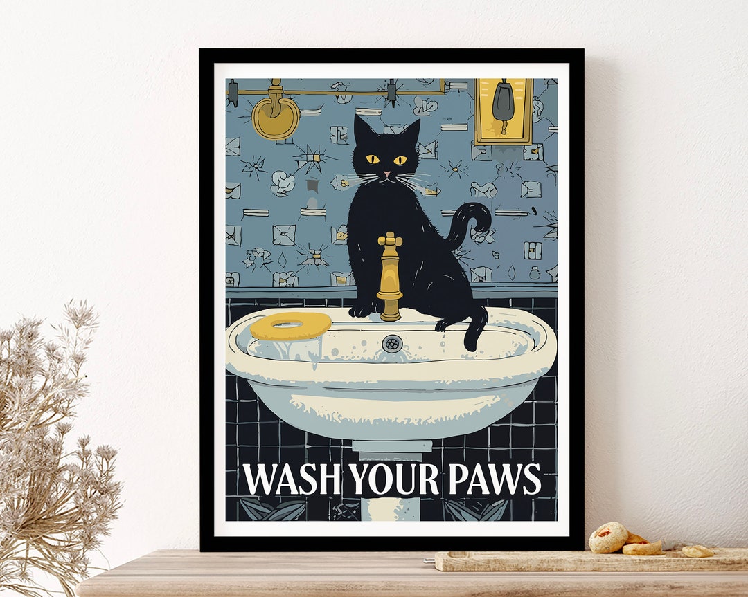 Wash Your Paws Cat Bathroom Sink Wall Art Print Poster Framed - Etsy