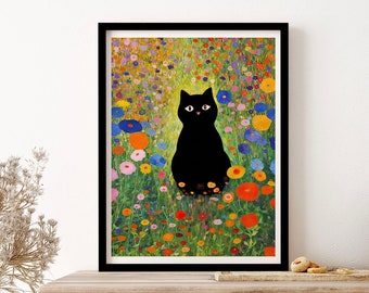 Gustav Klimt Garden, Black Cat With Flowers Meadow Wall Art Print Poster Framed Art Gift - Etsy