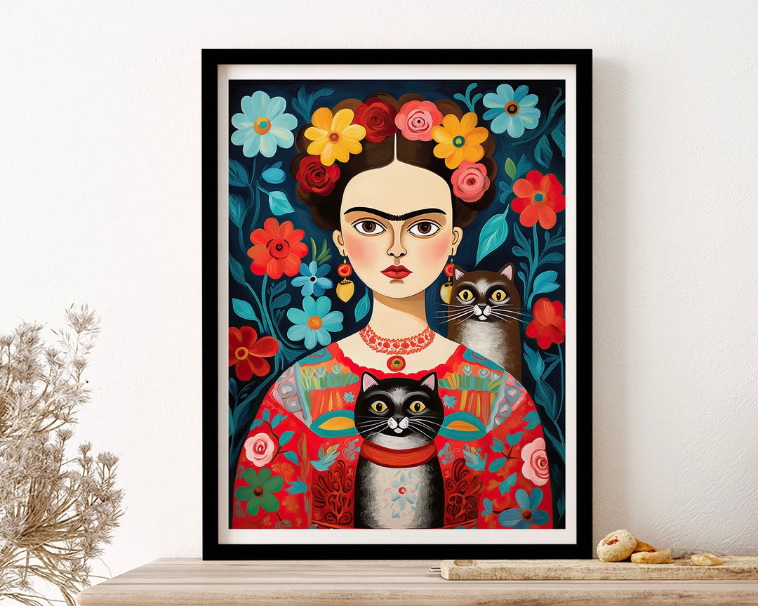 Frida Kahlo Portrait With Cats Mexican Painting Botanical Floral Wall ...
