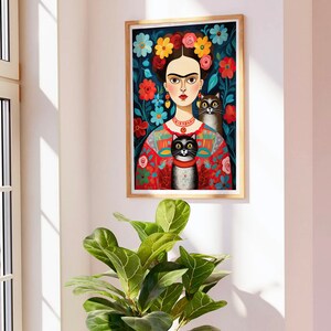 Frida Kahlo Portrait With Cats Mexican Painting Botanical Floral Wall ...