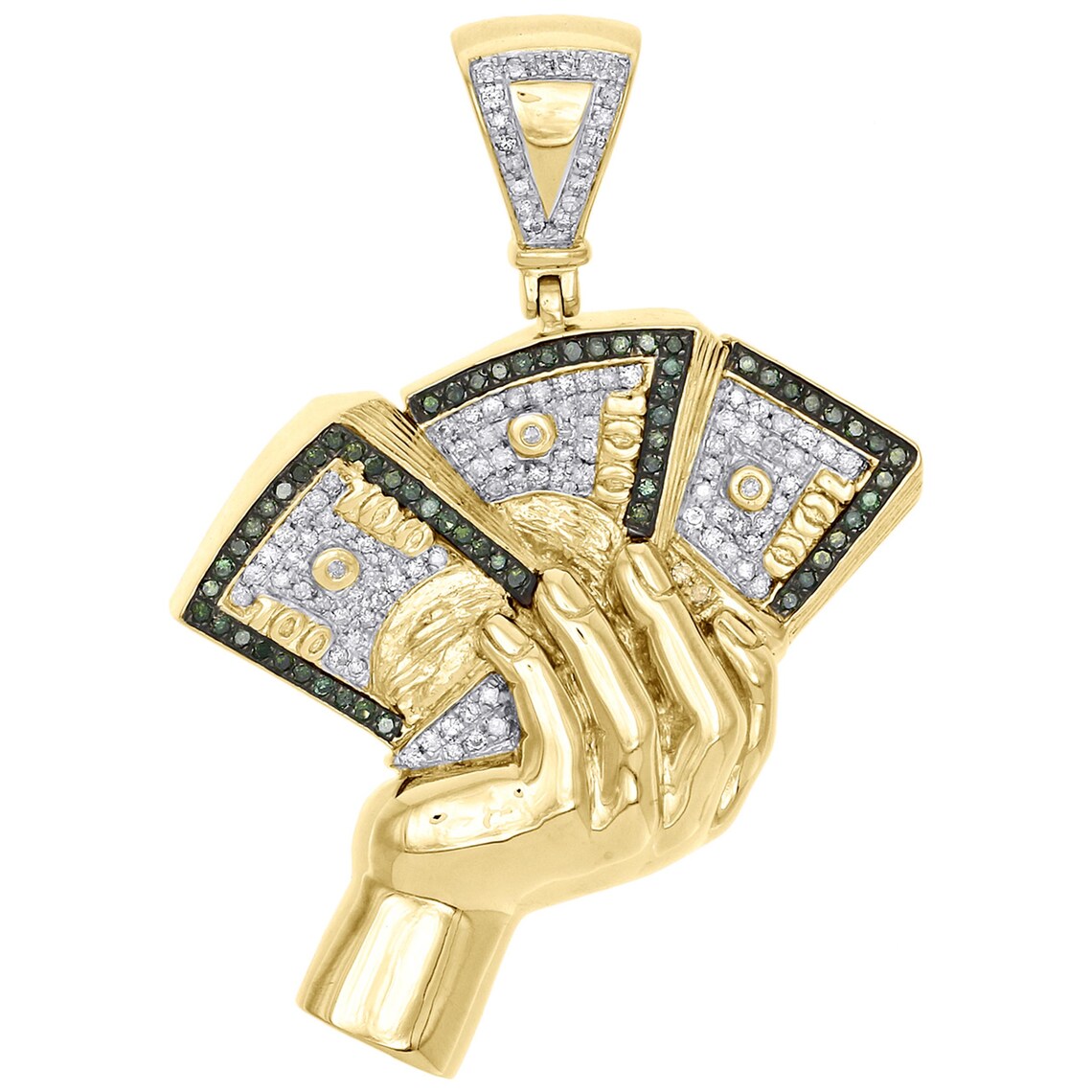 Iced Out Hand Holding Cash Pendant Moissanite 10K Yellow Gold Money ...