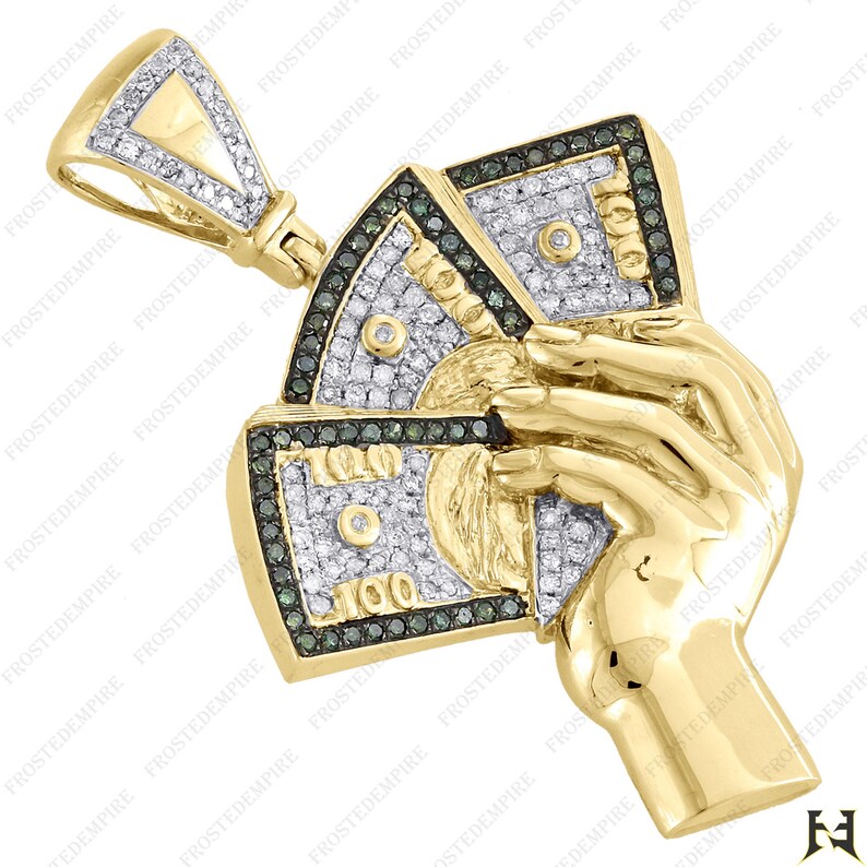 Iced Out Hand Holding Cash Pendant Moissanite 10K Yellow Gold Money ...