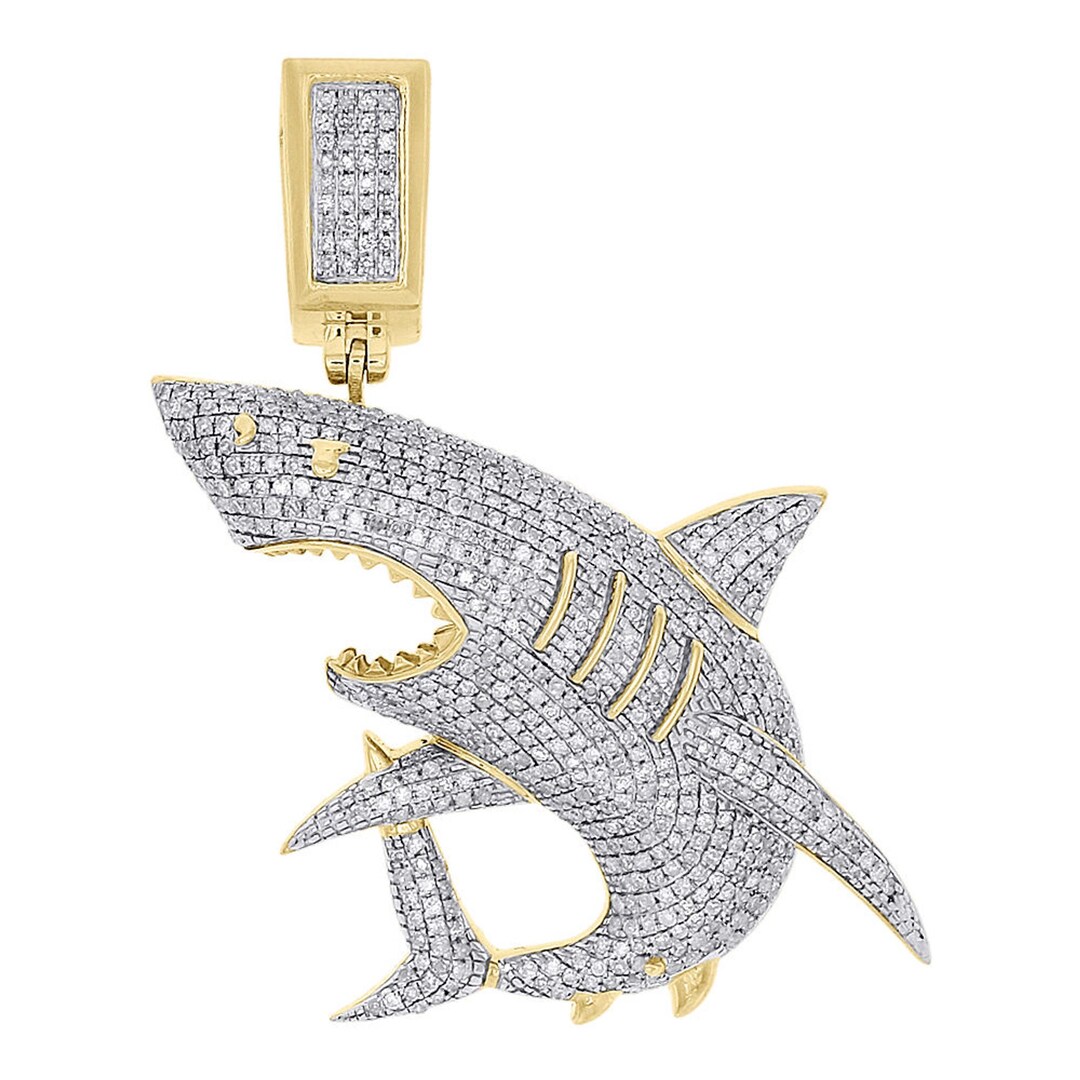 Shark Pendant Icy Great White Shark Charm 14K Yellow Gold Moissanite ...