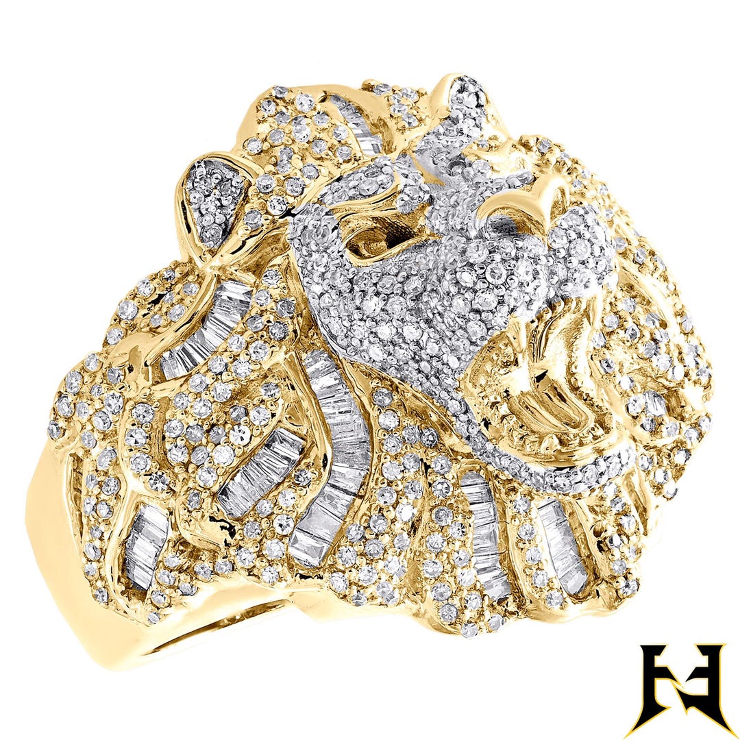 Lion Head Pinky Ring 1.6 CT Iced Out 18K Yellow Gold Moissanite Diamond ...