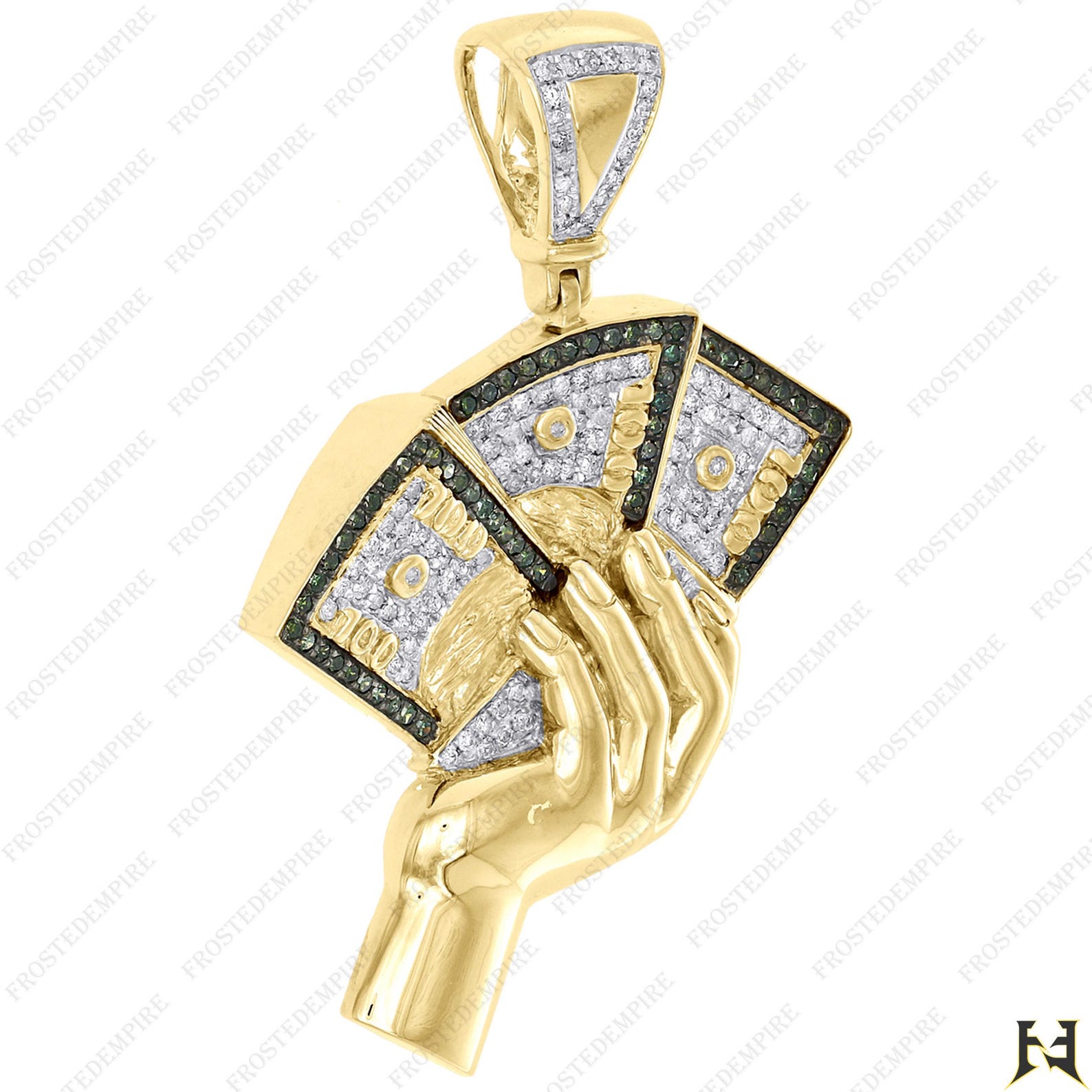 Iced Out Hand Holding Cash Pendant Moissanite 10K Yellow Gold Money ...