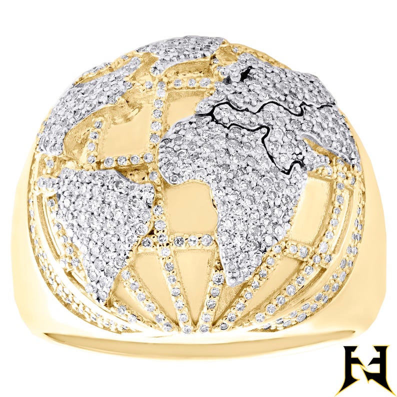 3D Domed World Map Men's Hip Hop Bust Down Champion Ring Rapper Iced ...