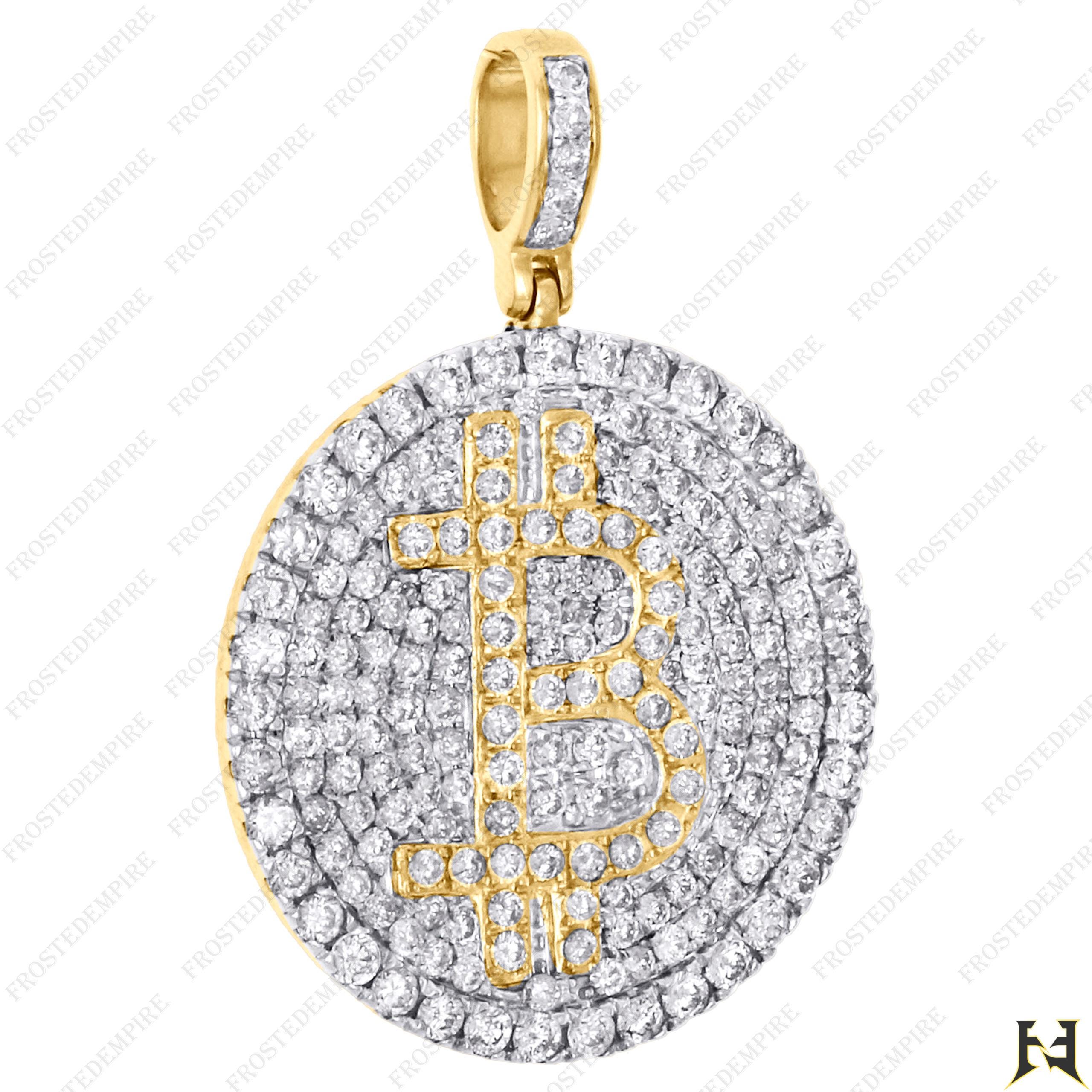 10K Yellow Gold Diamond Bitcoin Pendant Iced Out Round Crypto Charm ...