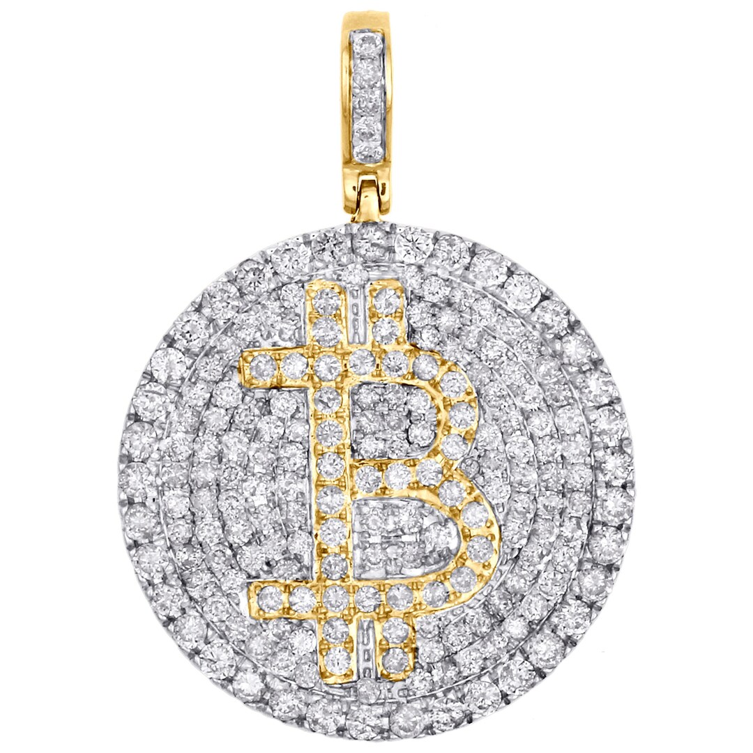 10K Yellow Gold Diamond Bitcoin Pendant Iced Out Round Crypto Charm ...