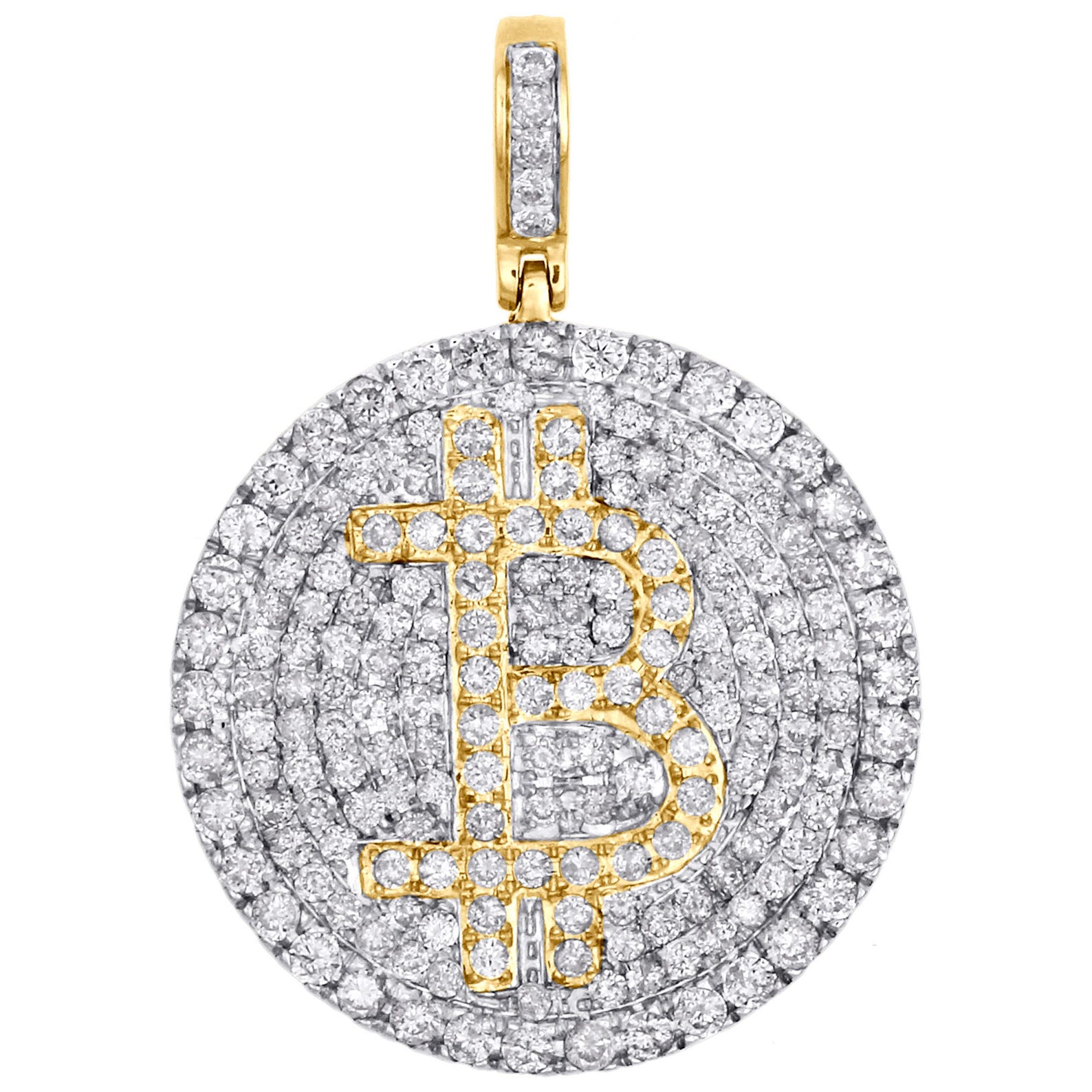 10K Yellow Gold Diamond Bitcoin Pendant Iced Out Round Crypto Charm ...