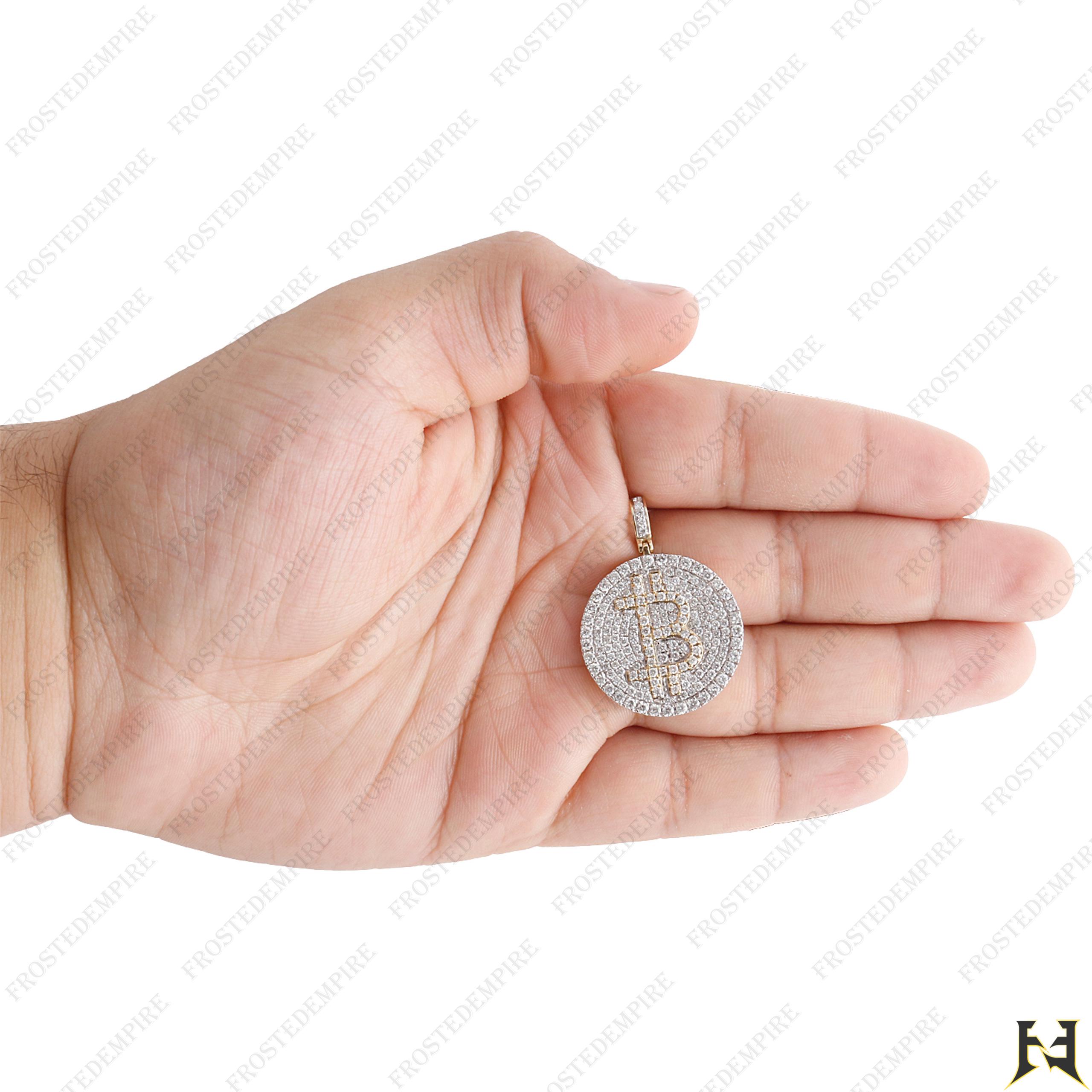 10K Yellow Gold Diamond Bitcoin Pendant Iced Out Round Crypto Charm ...