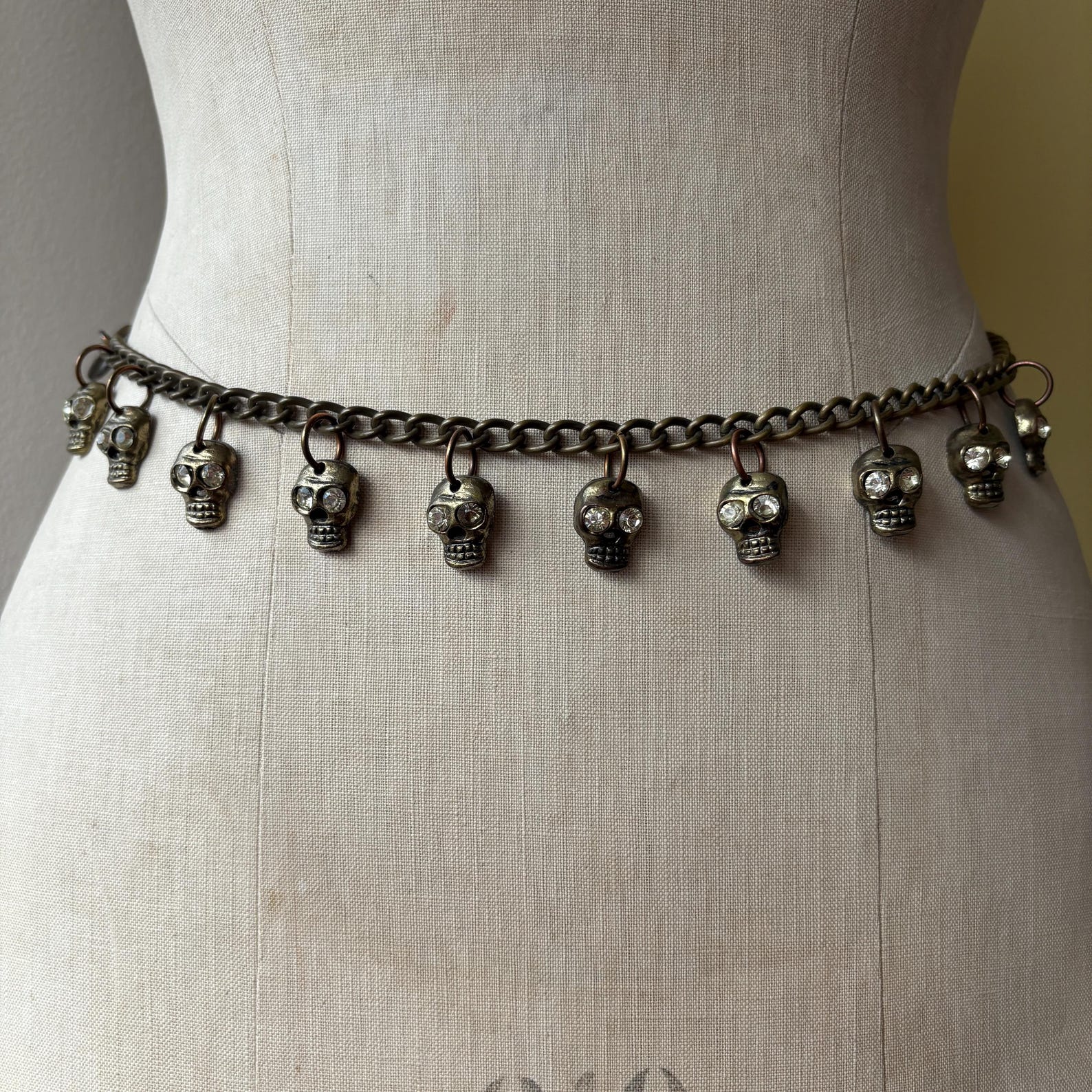 Vintage 1990s Bronze Diamante Skull Chain Belt | Retro Skull Belt ...