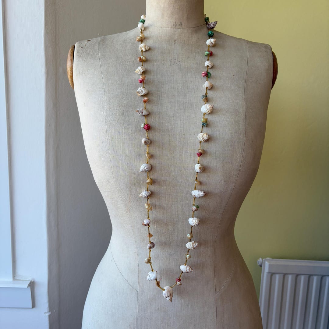 Antique Long Trochus Shell + Glass Bead Necklace | Antique White and ...