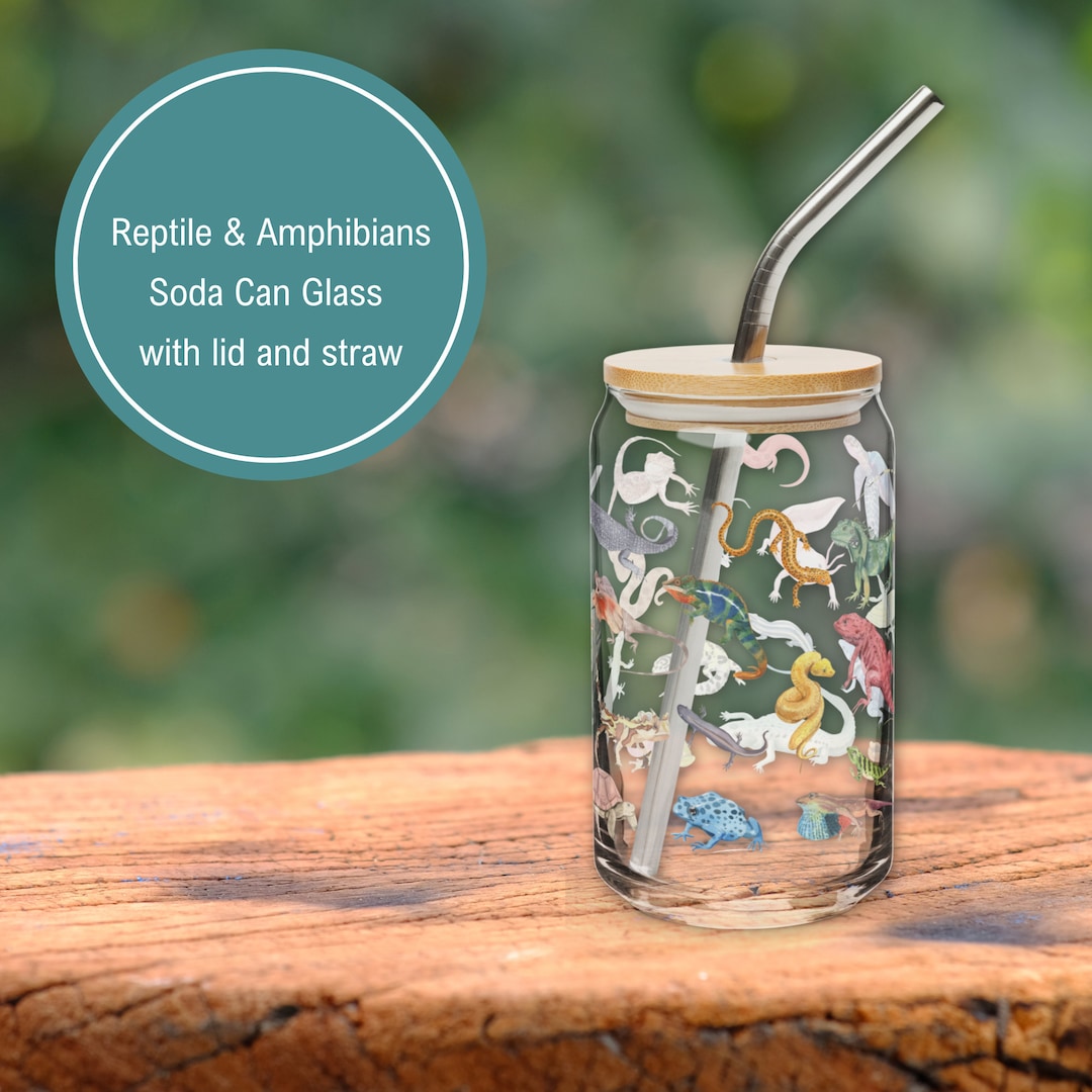 Can Shaped Soda Drinking Glass With Straw Cute Cottagecore Reptiles ...