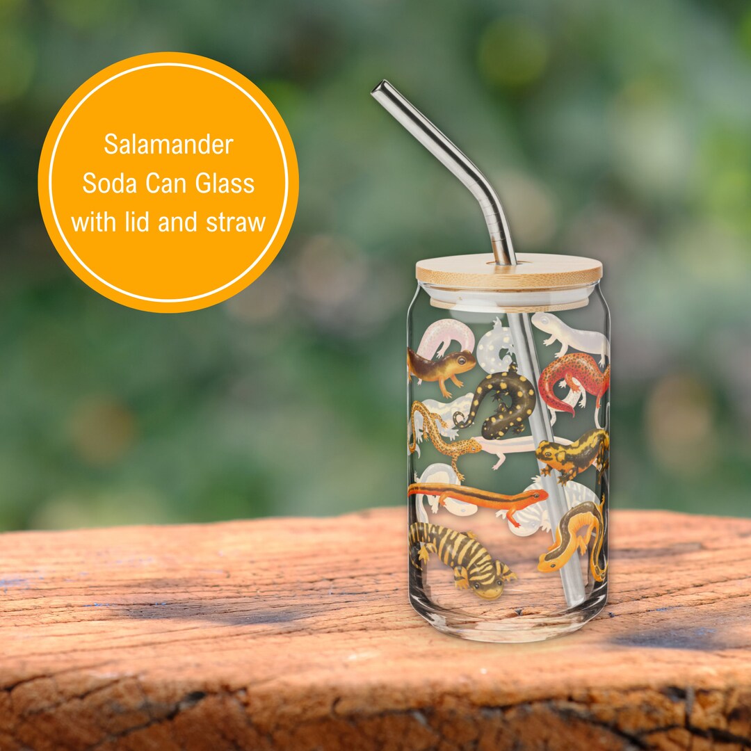 Can Shaped Soda Drinking Glass With Straw, Salamander Cups, Spotted ...