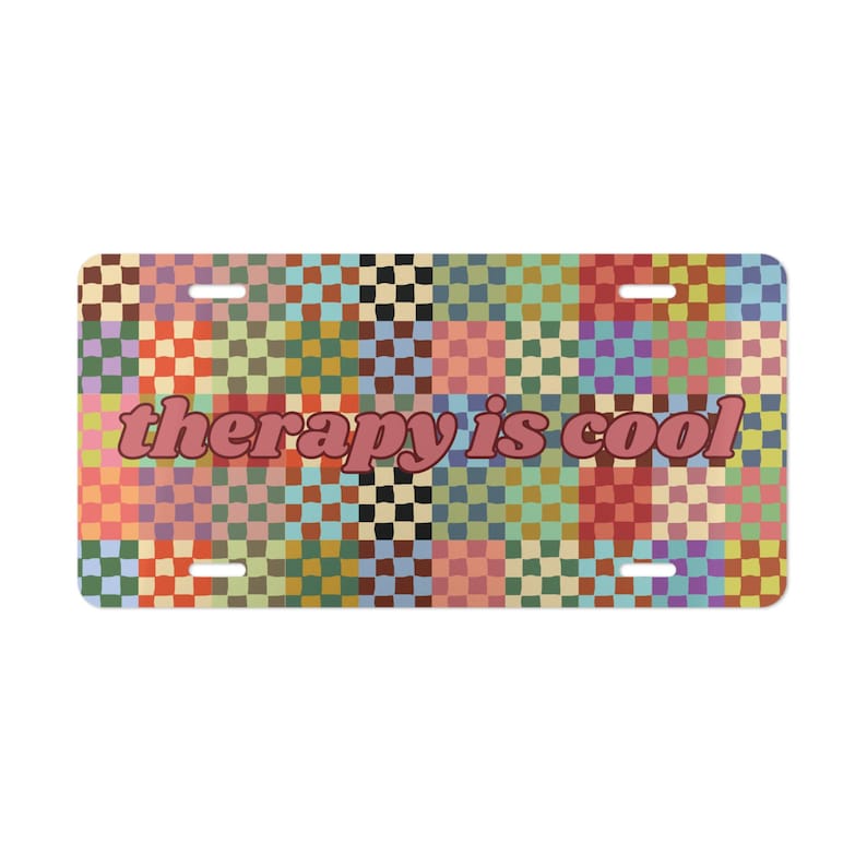Front License Plate, Multicolored Checkered, Therapy is Cool, License ...
