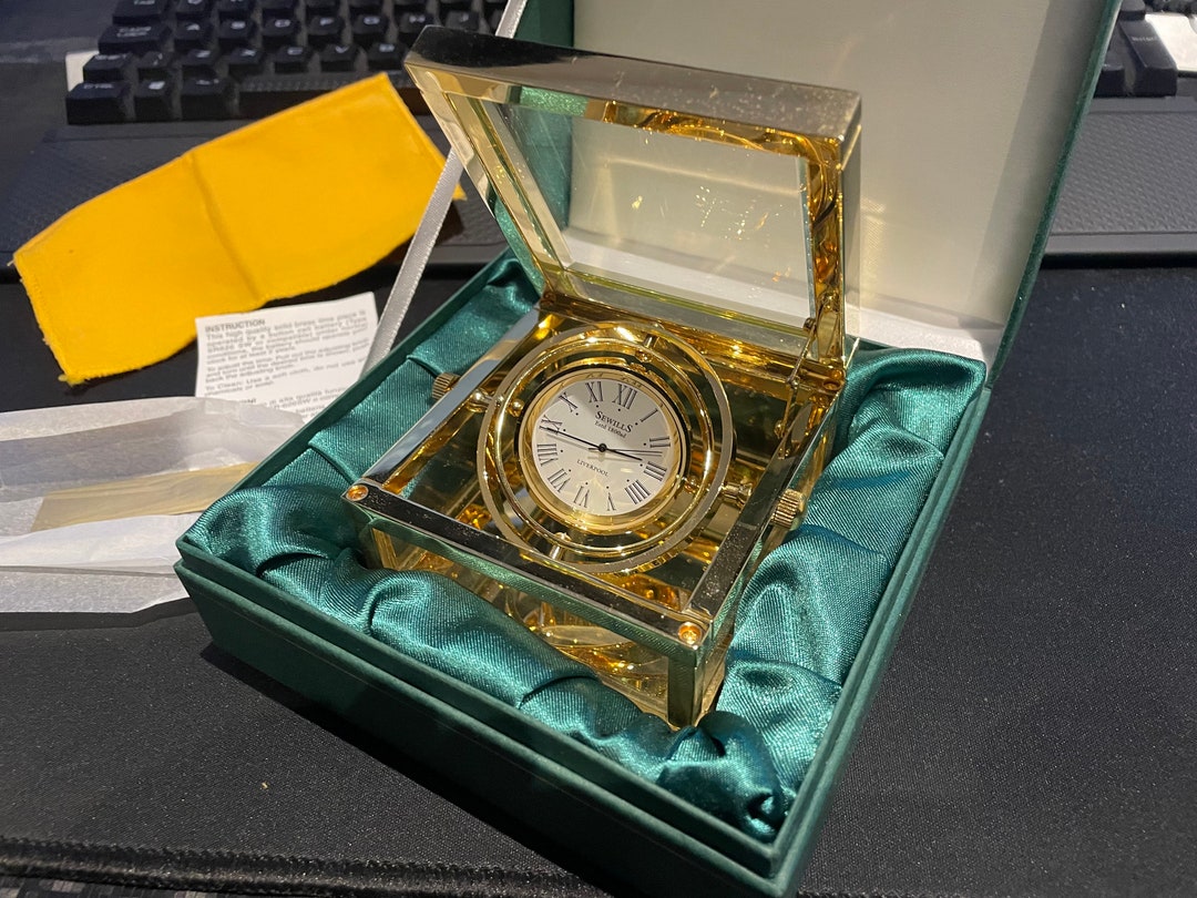 SEWILLS Ark Royal Desk Clock With Gimbal Compass Mount in Square Brass ...