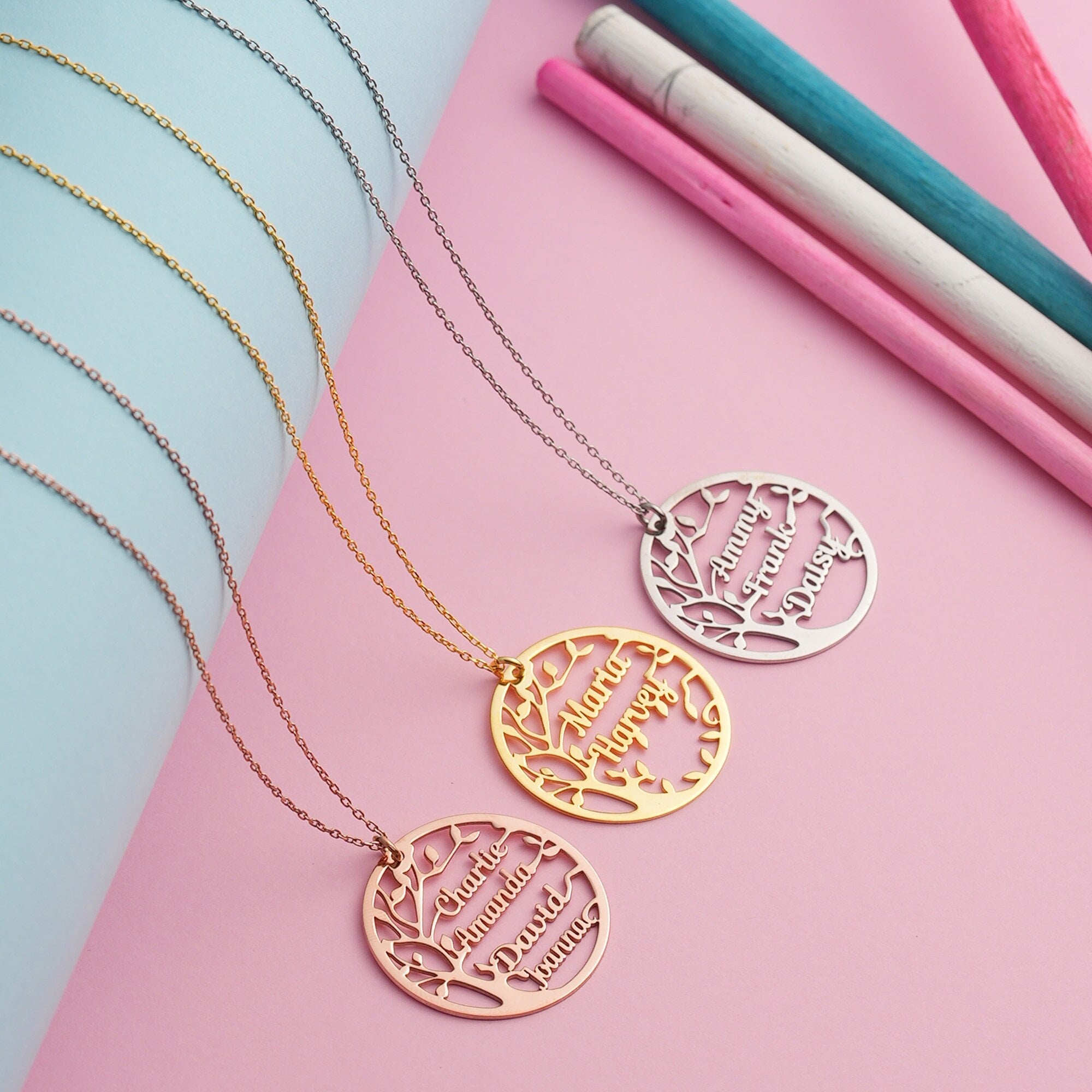 Family Tree Name Necklace, Multiple Names Necklace, Personalized Name ...