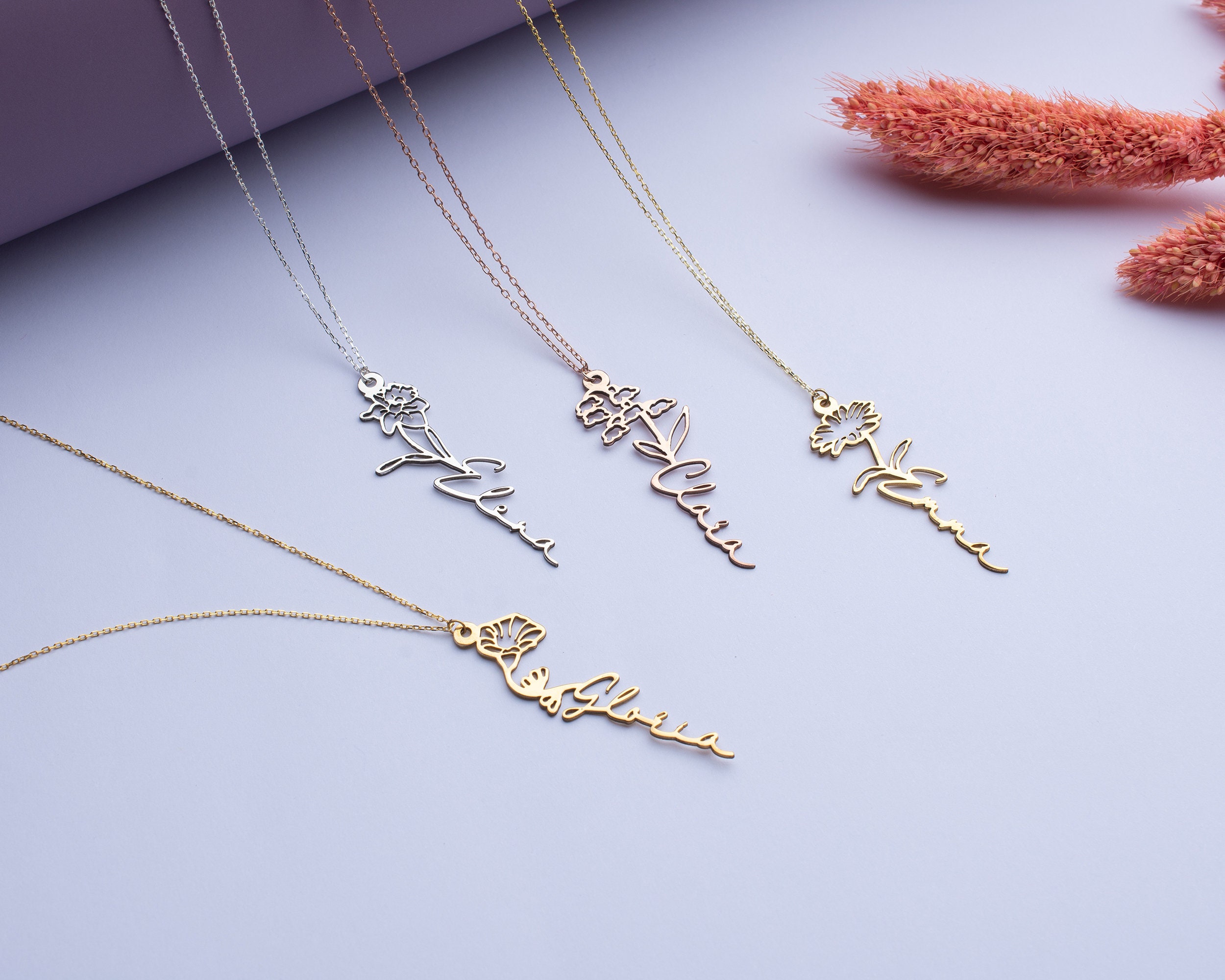 Personalized Diffrent Floral Necklace, Vertical Name Plate With Flower ...