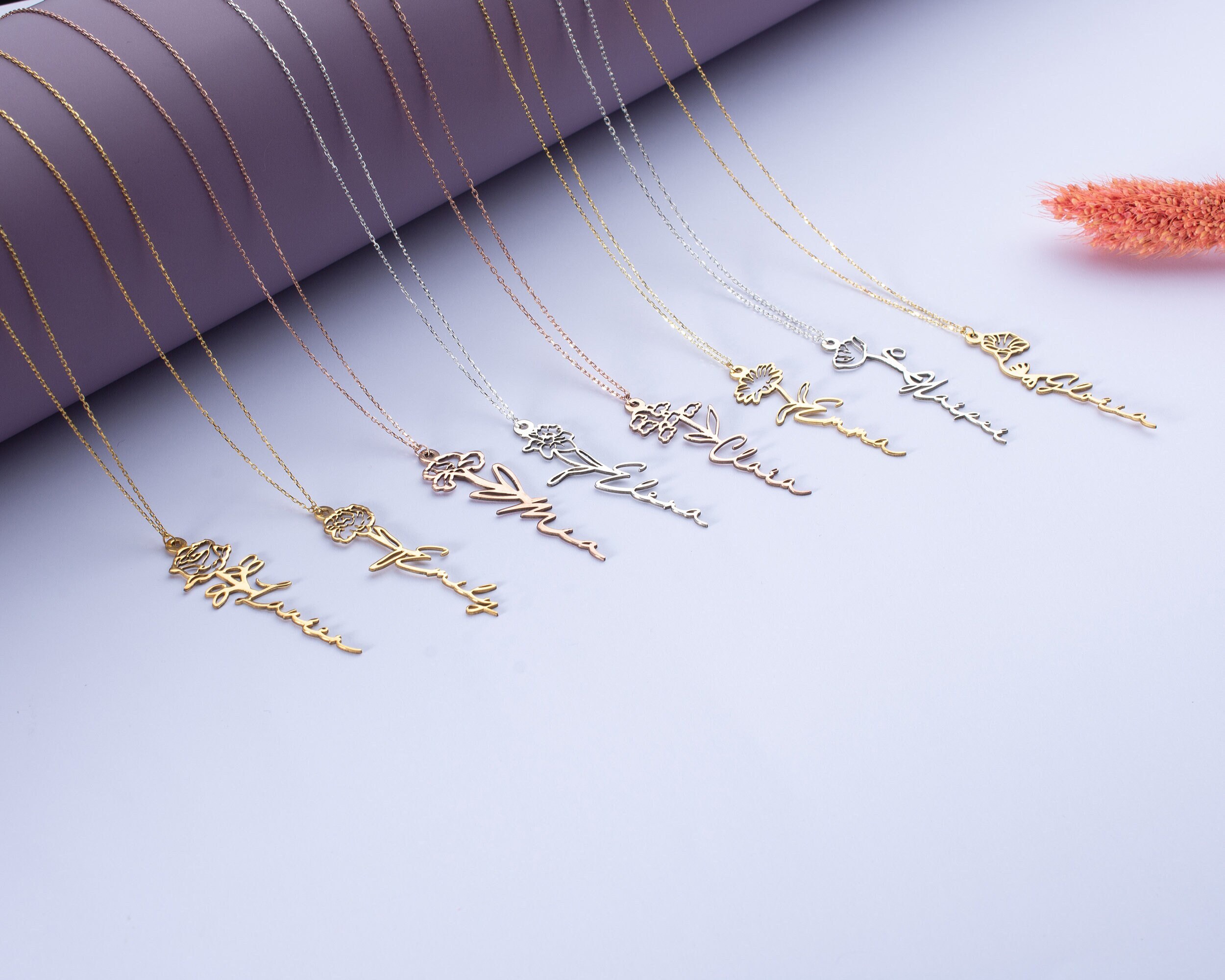 Name Necklace With Birth Flower, Floral Name Necklace, Gold Flower Name ...
