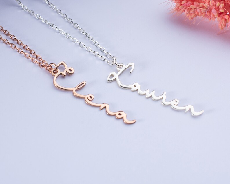Custom Vertical Name Plate Necklace Italic Handwriting - Etsy