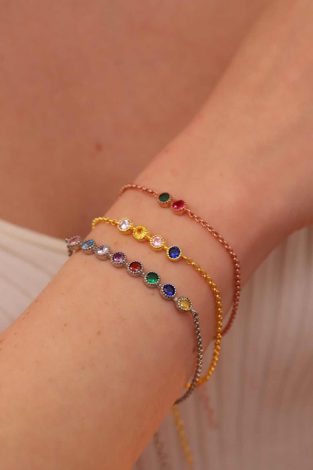 14k Gold Birthstone Bracelet, Custom Made Family Birthstone Jewelry ...