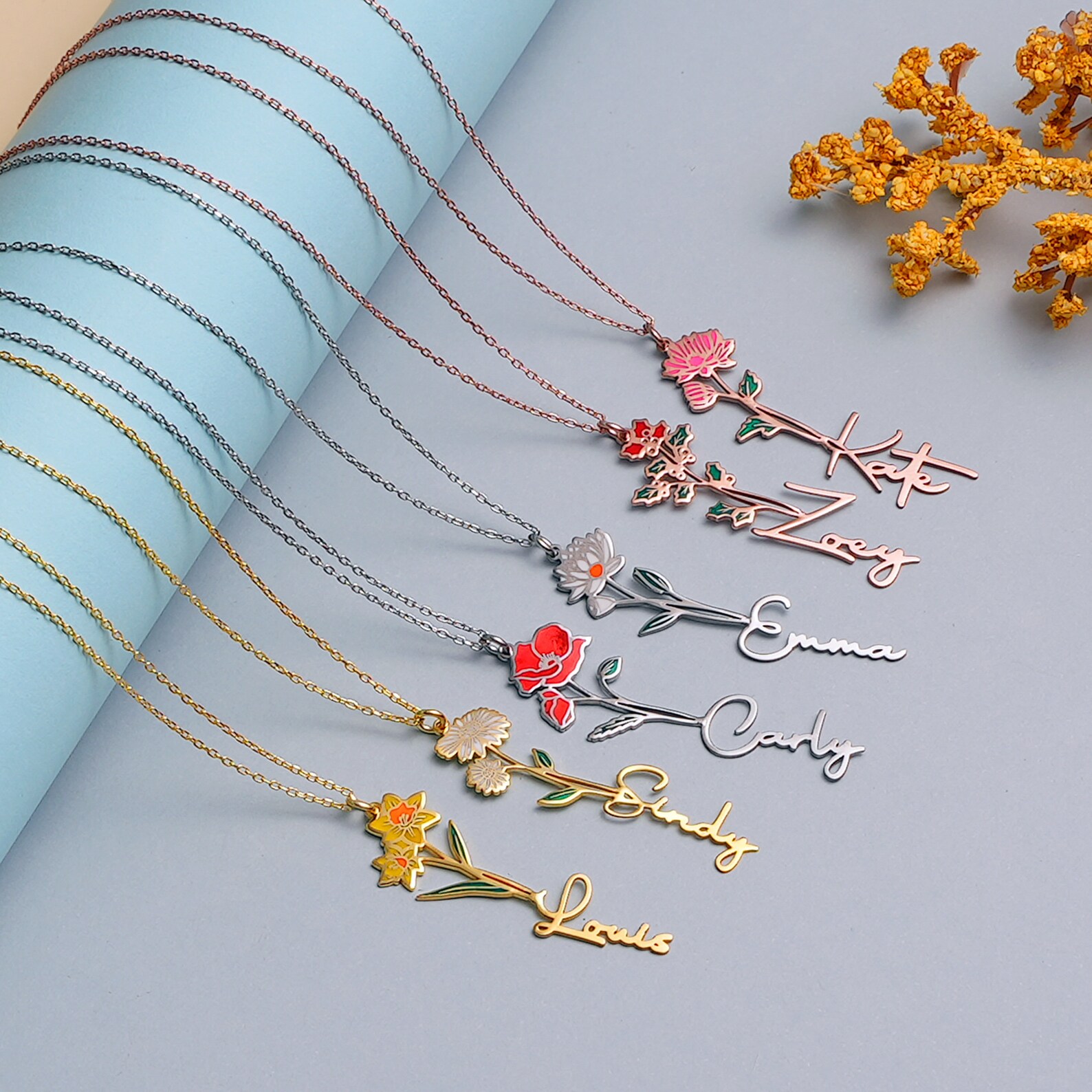 Colorful 14k Gold Birth Flower Name Necklace Name With Flower - Etsy