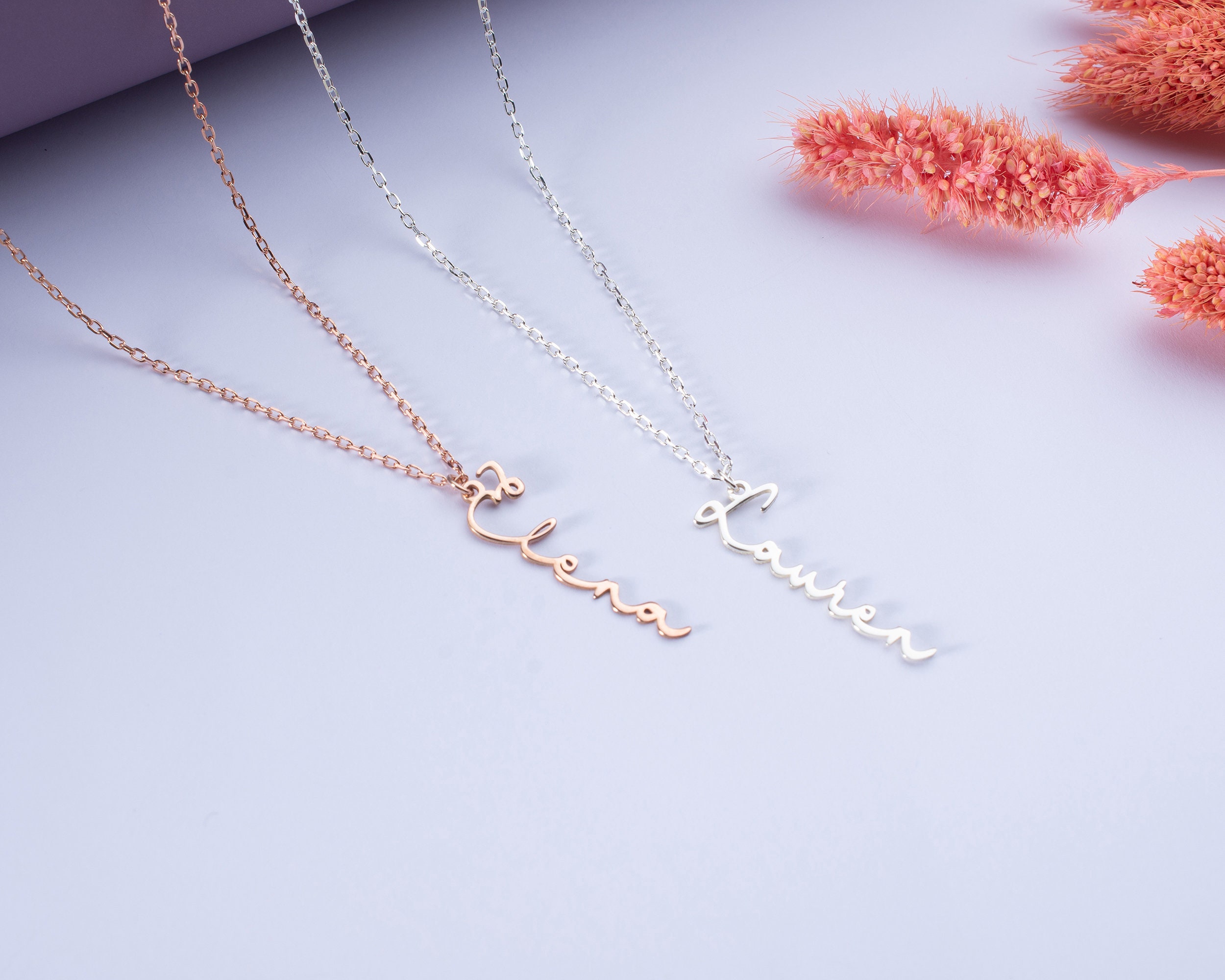 Custom Vertical Name Plate Necklace Italic Handwriting - Etsy