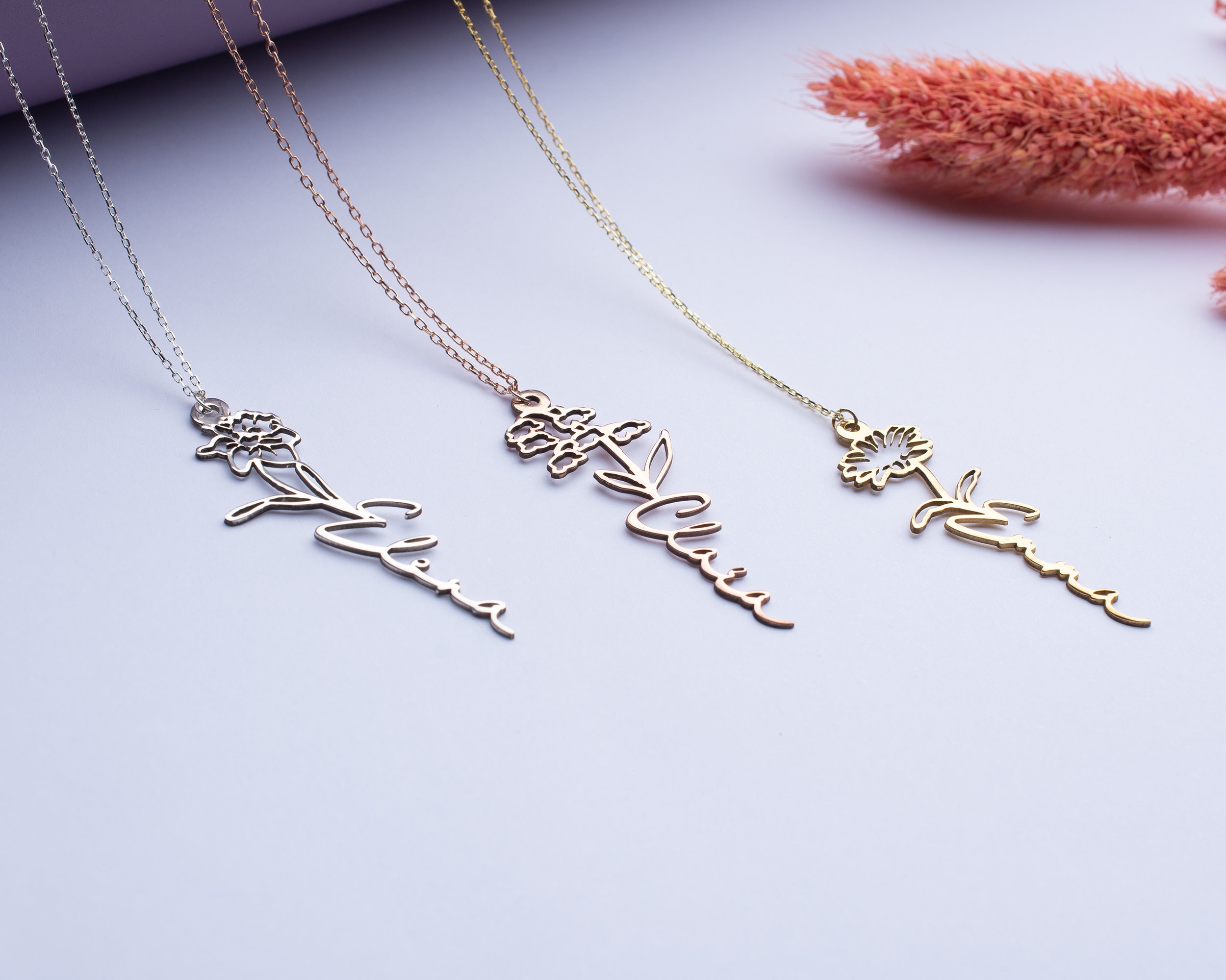 Name Necklace With Birth Flower, Floral Name Necklace, Gold Flower Name ...