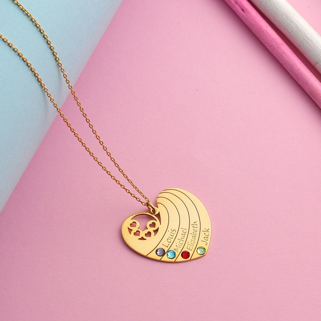 14k Gold Engraved Heart Necklace, Family Birthstone Necklace, Kids Name ...