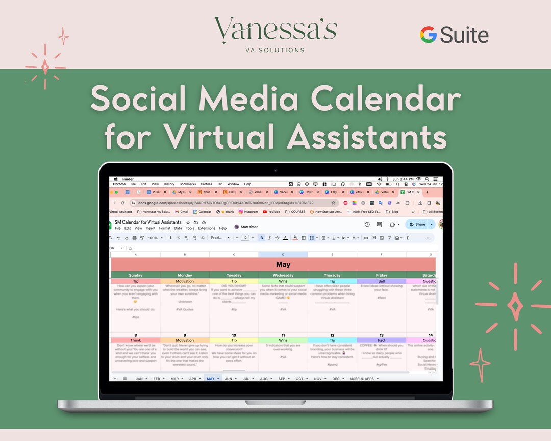 Social Media Content Calendar for Virtual Assistants, Google Sheets ...