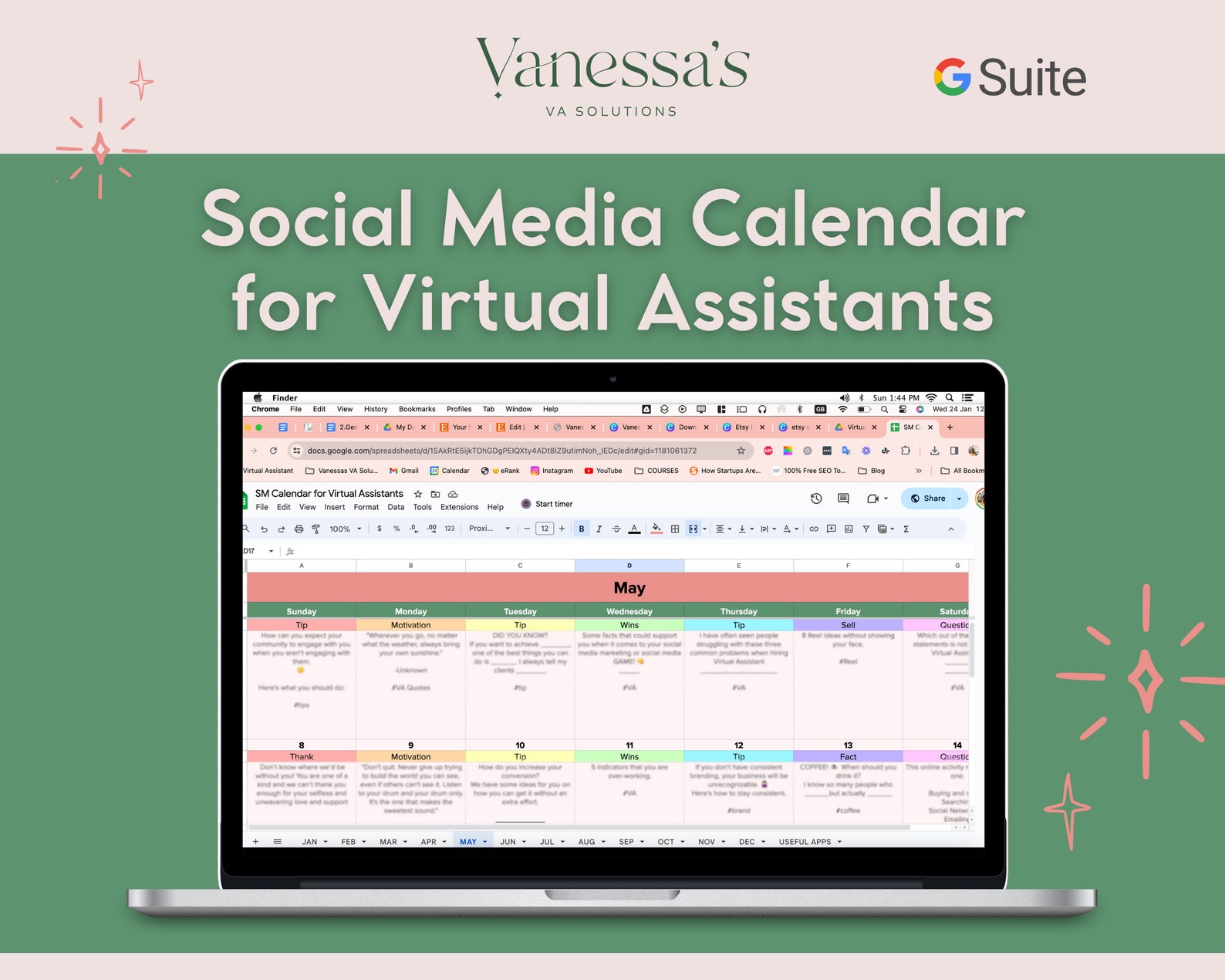 Social Media Content Calendar for Virtual Assistants, Google Sheets ...