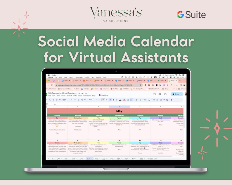 Social Media Content Calendar for Virtual Assistants, Google Sheets ...