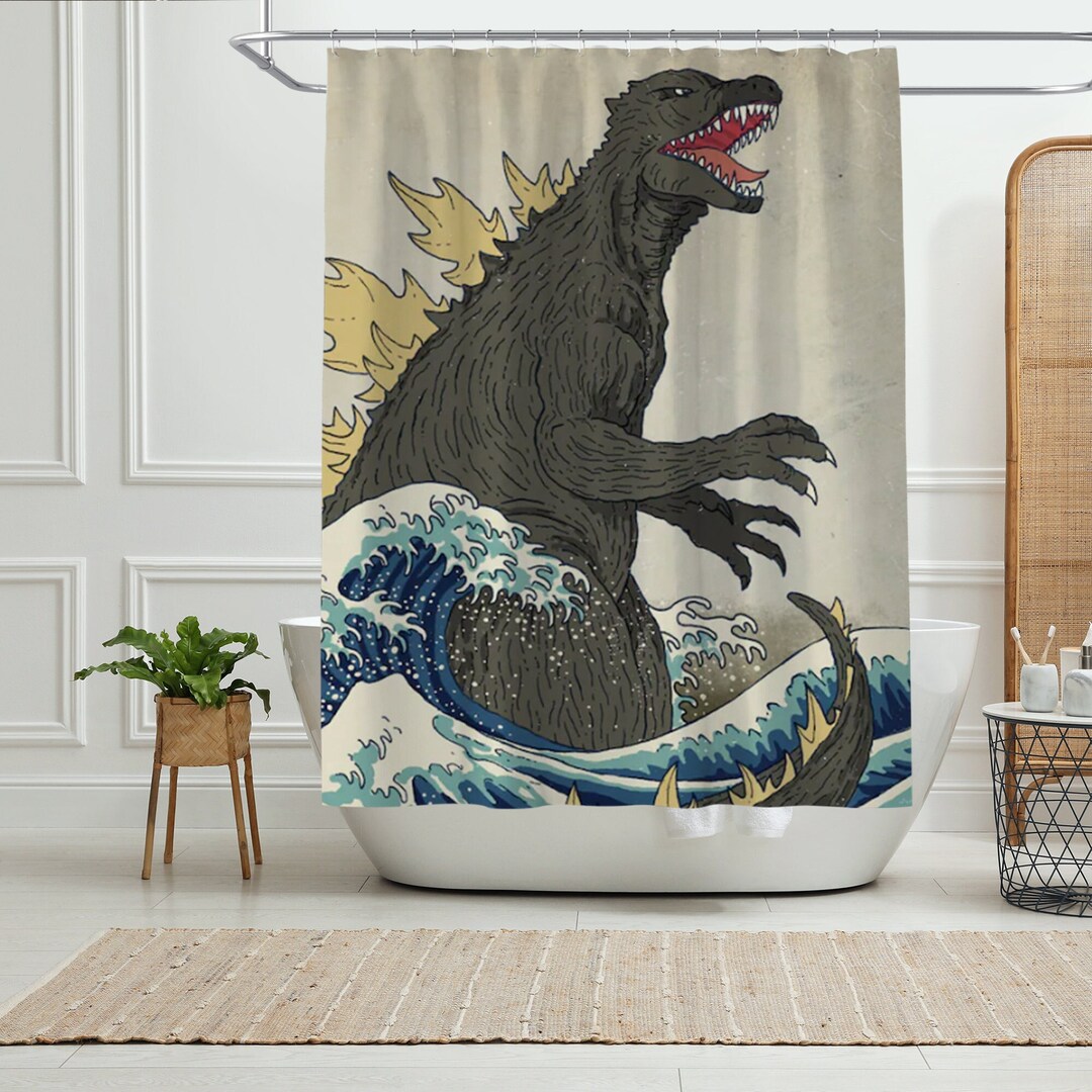 Godzilla Shower Curtain Wave Monster Modern Fabric Bathroom Curtain With Hooks Floral Waterproof ...