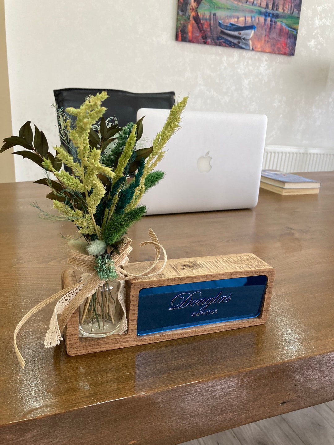 Personalized Desk Name Plate, Wooden Desk Name Plate With Flower, Gold ...