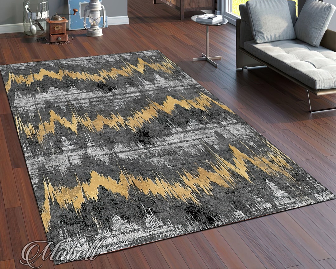 Canvas Rug, Zigzag Gold Stripes on Gray Pattern Nonslip Area Rug, Gold ...