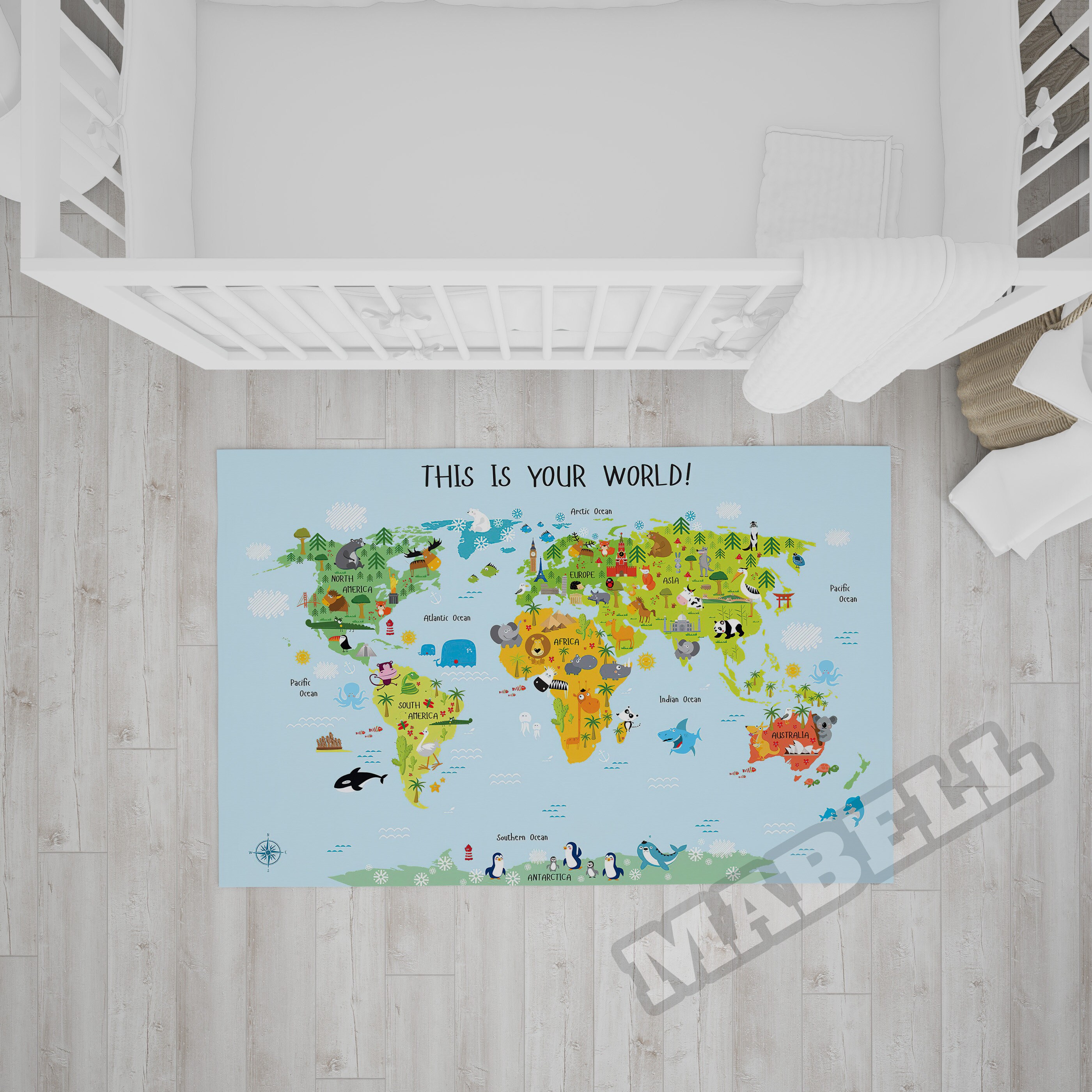 World Map Kids Education Rug World Map Animals Themed Nonslip - Etsy UK